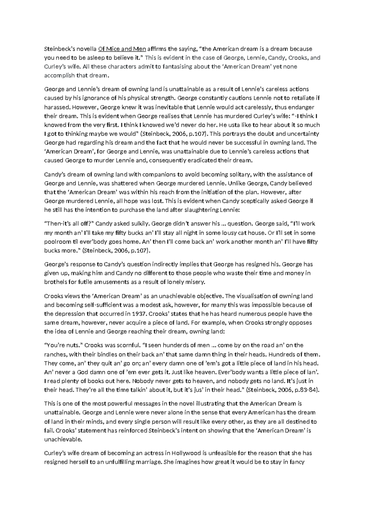 Of Mice and Men Speech - Steinbeck’s novella Of Mice and Men affirms ...