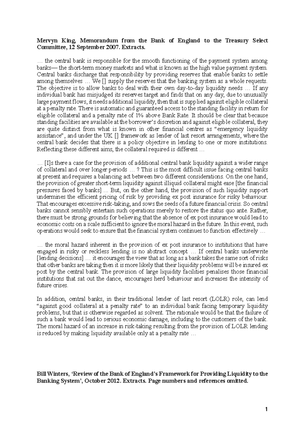 Extracts King - Winters - Mayes and Wood - 1 Mervyn King, Memorandum ...