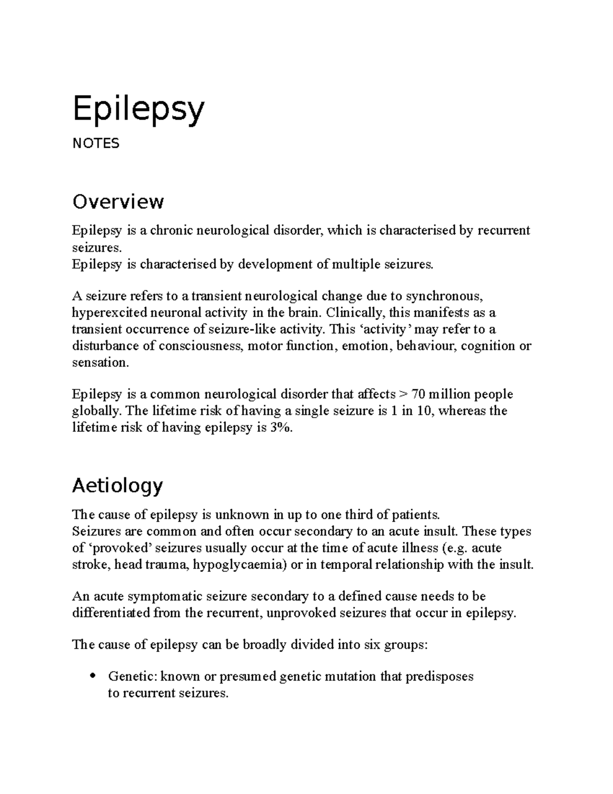 Epilepsy lecture notes - Epilepsy NOTES Overview Epilepsy is a chronic ...