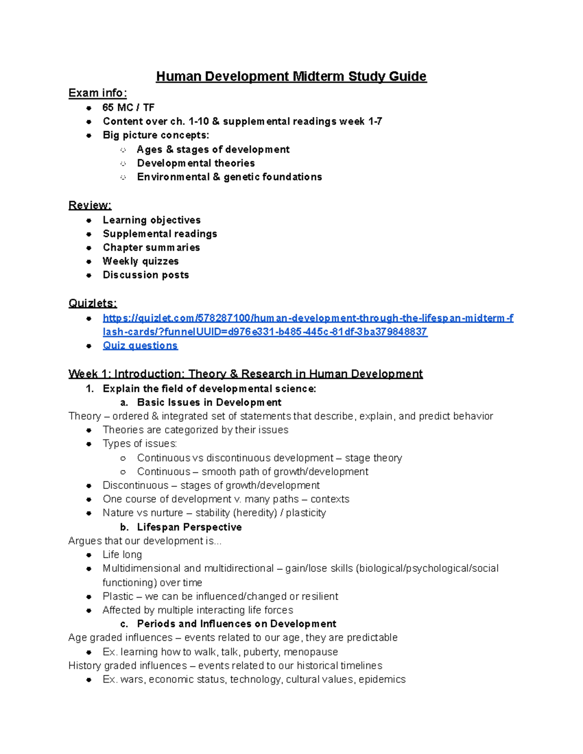 Human Dev Midterm Study Guide - Human Development Midterm Study Guide ...