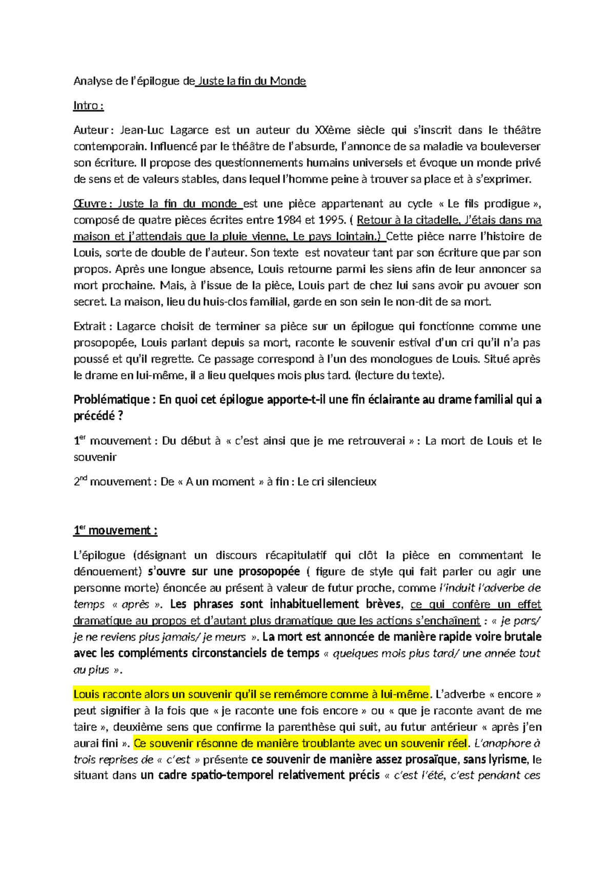 Professeuraaaaaaaaaa - Analyse de l’épilogue de Juste la fin du Monde Intro : Auteur : Jean-Luc ...