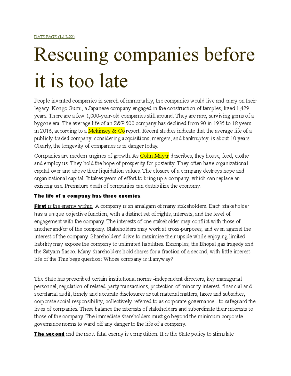 Companies are dying - DATE PAGE (1-12-22) Rescuing companies before it ...
