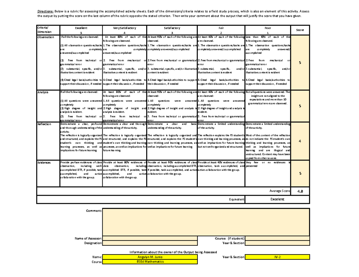 FS2Act4 Junio Angelyn BSEd Math 4-2 - Excellent Very Satisfactory ...