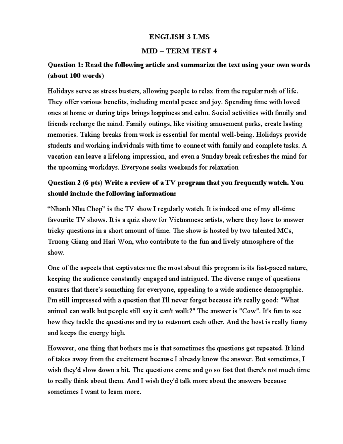 English 3 LMS - ENGLISH 3 LMS MID – TERM TEST 4 Question 1: Read the ...