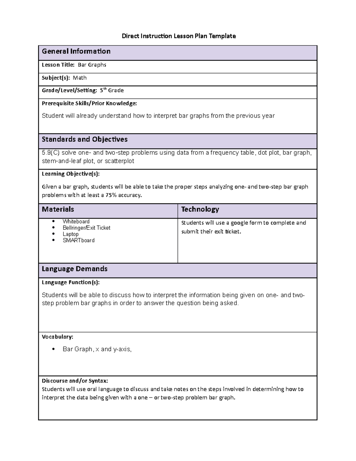 Statistics Lesson Plan 5th grade math - Direct Instruction Lesson Plan ...