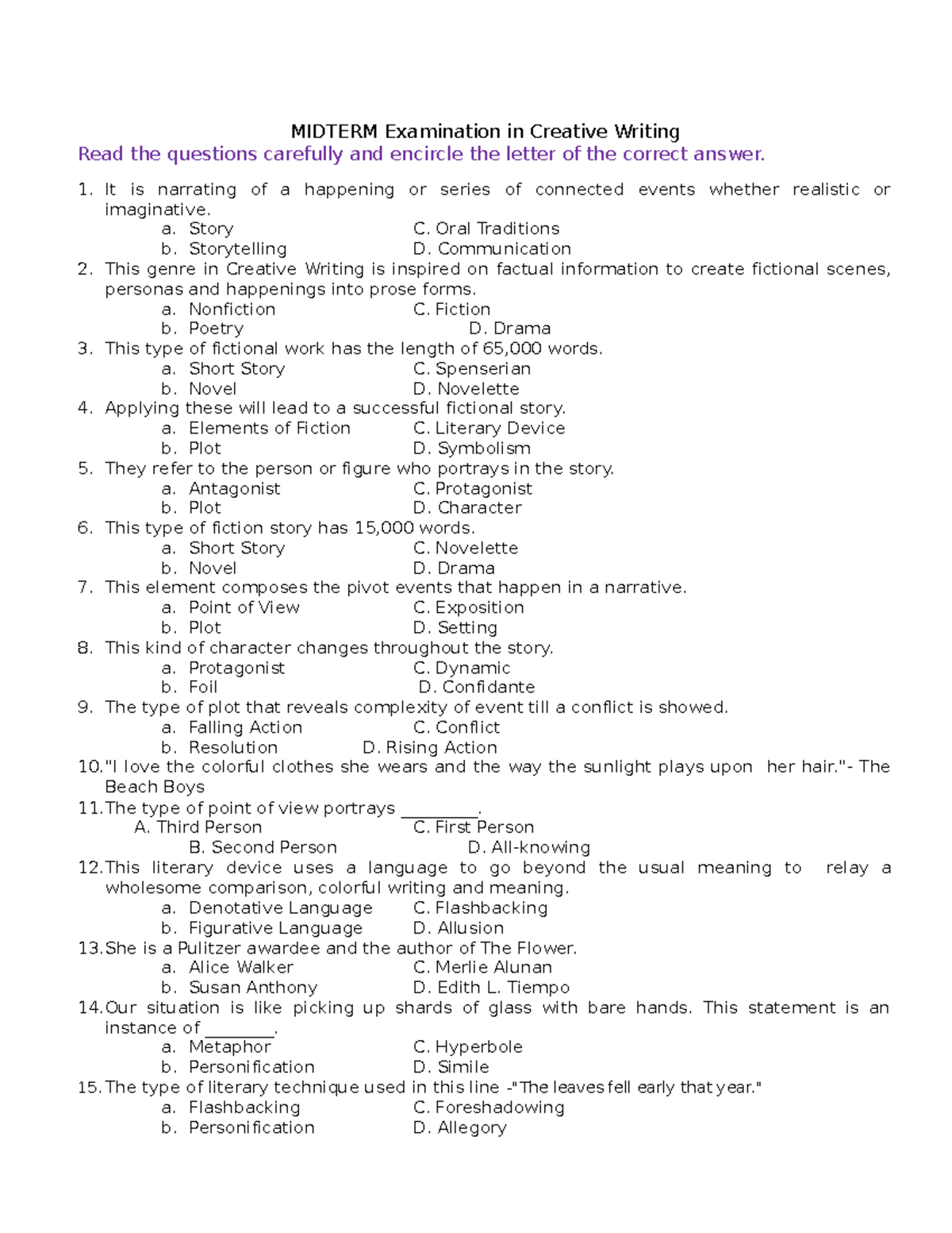 LONG TEST Creative Writing - MIDTERM Examination in Creative Writing ...