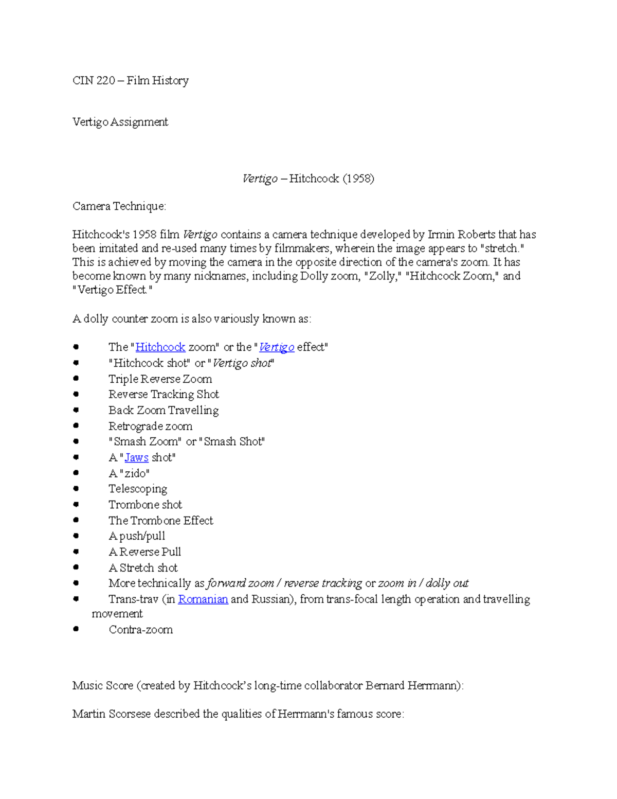 CIN 220 - Vertigo Assignment - CIN 220 – Film History Vertigo ...