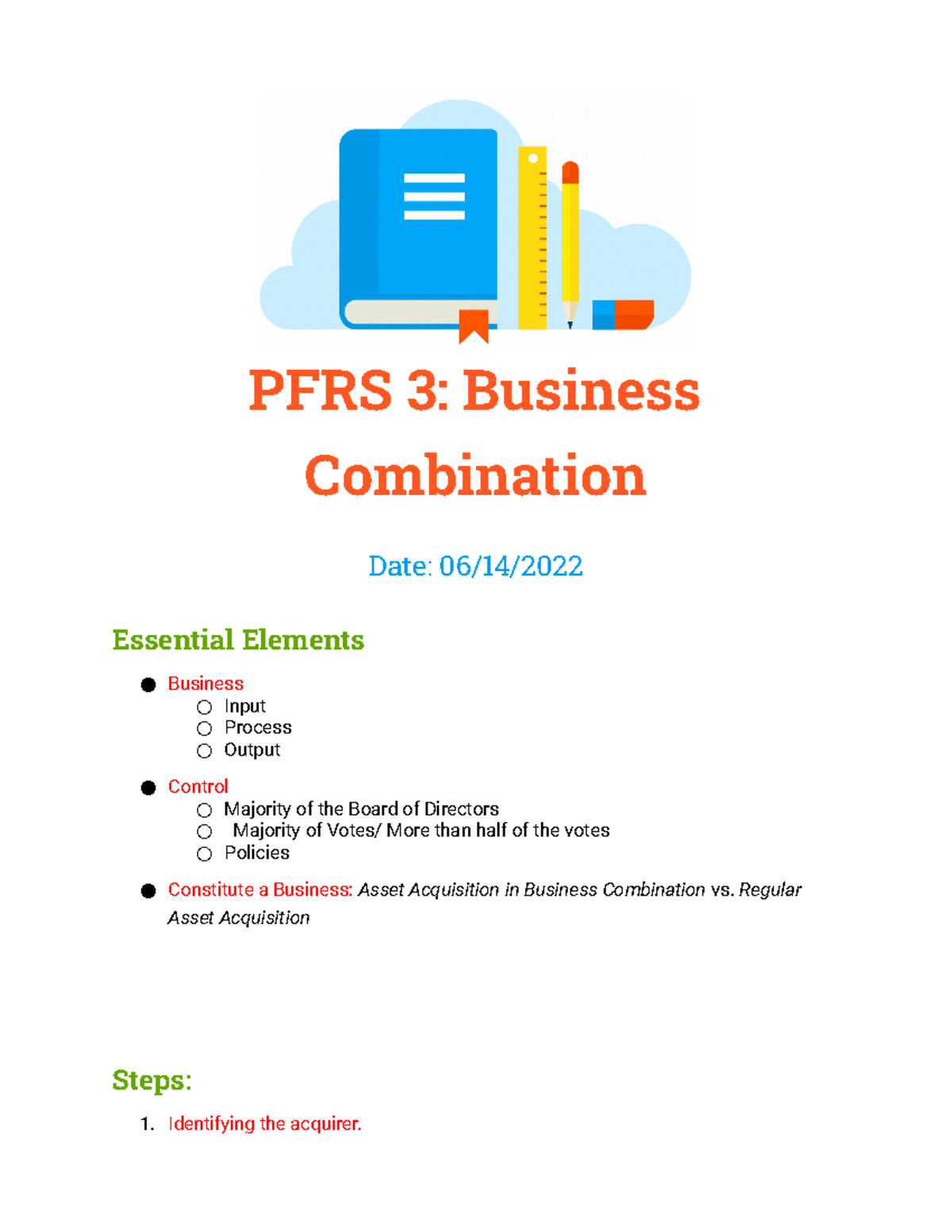 Chapter 1 Business Combination - PFRS 3: Business Combination Date: 06 ...