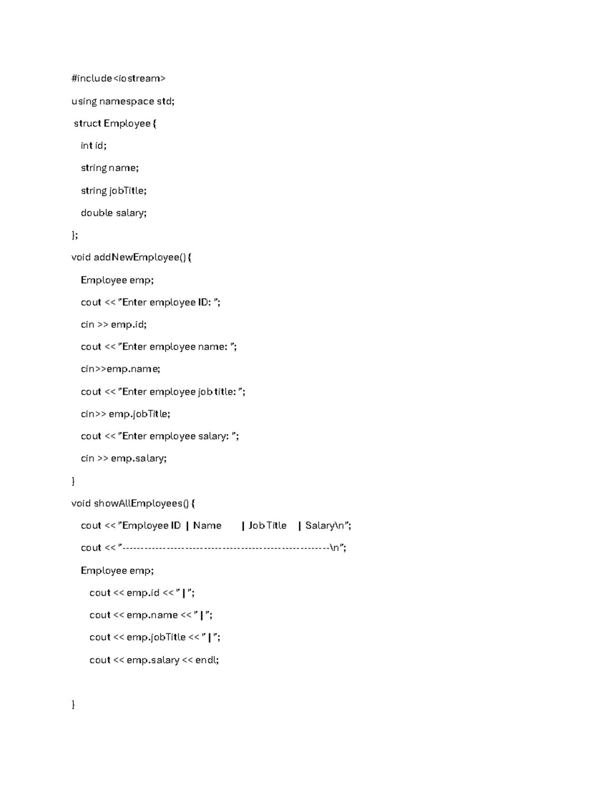 Ip lab assignment - #include using namespace std; struct Employee { int id; string - Studocu