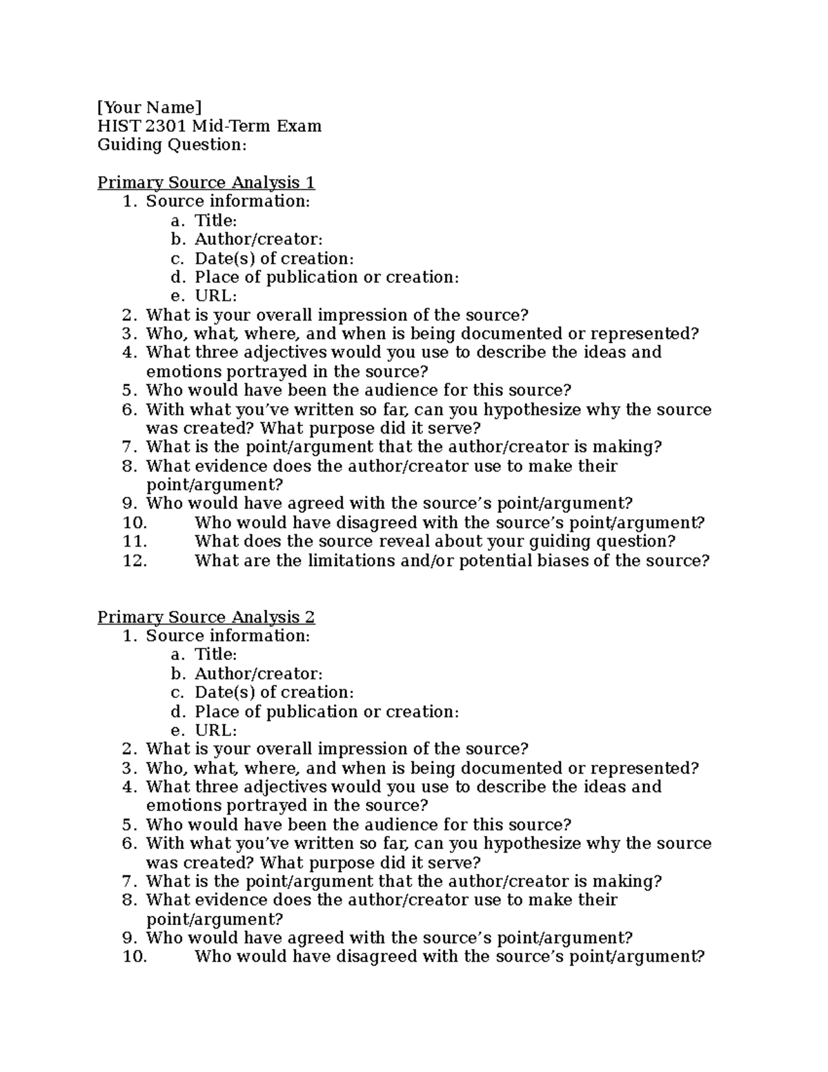 Mid-Term Exam Format - okjcid0sjvisdj - [Your Name] HIST 2301 Mid-Term ...
