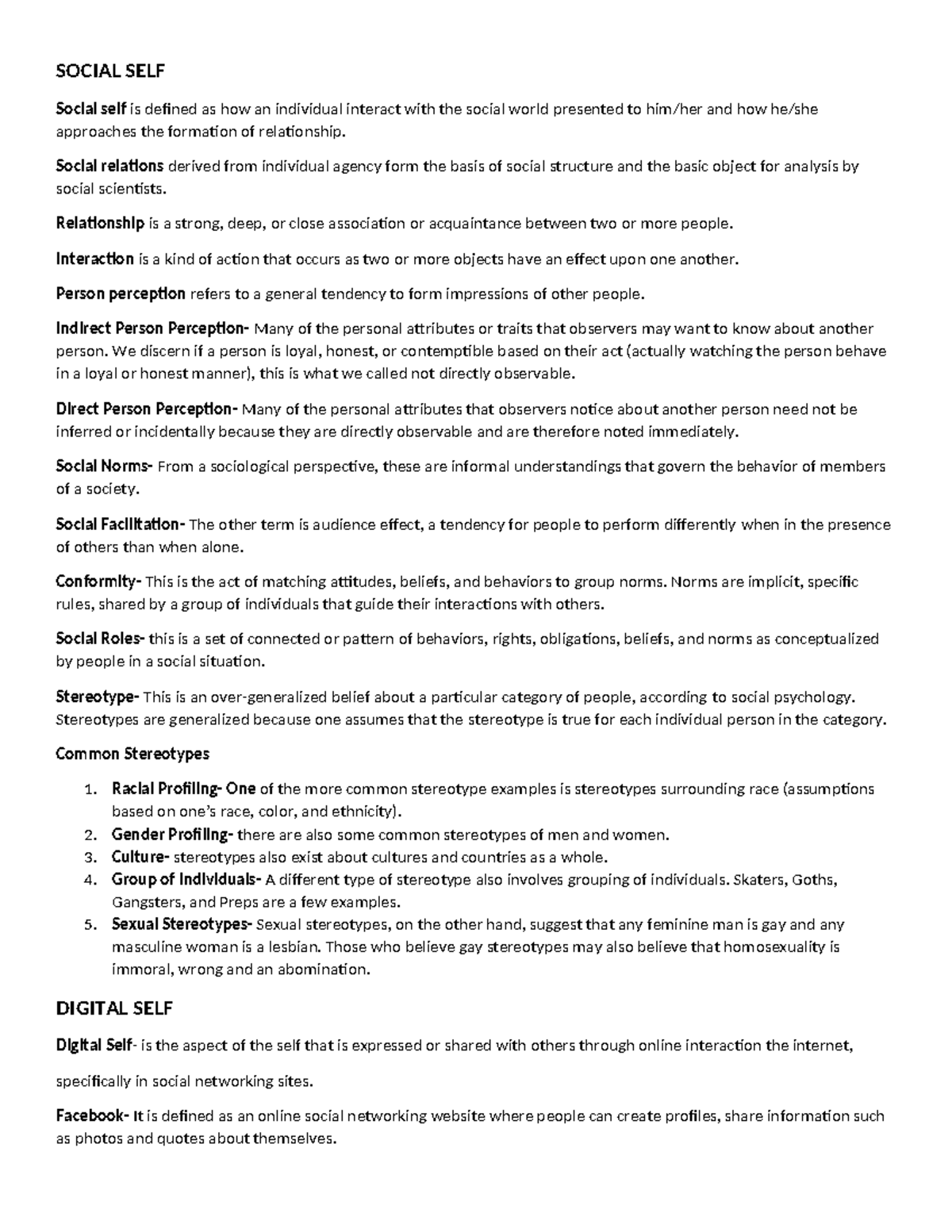 UTS Reviewer FOR Final EXAM - SOCIAL SELF Social self is defined as how ...