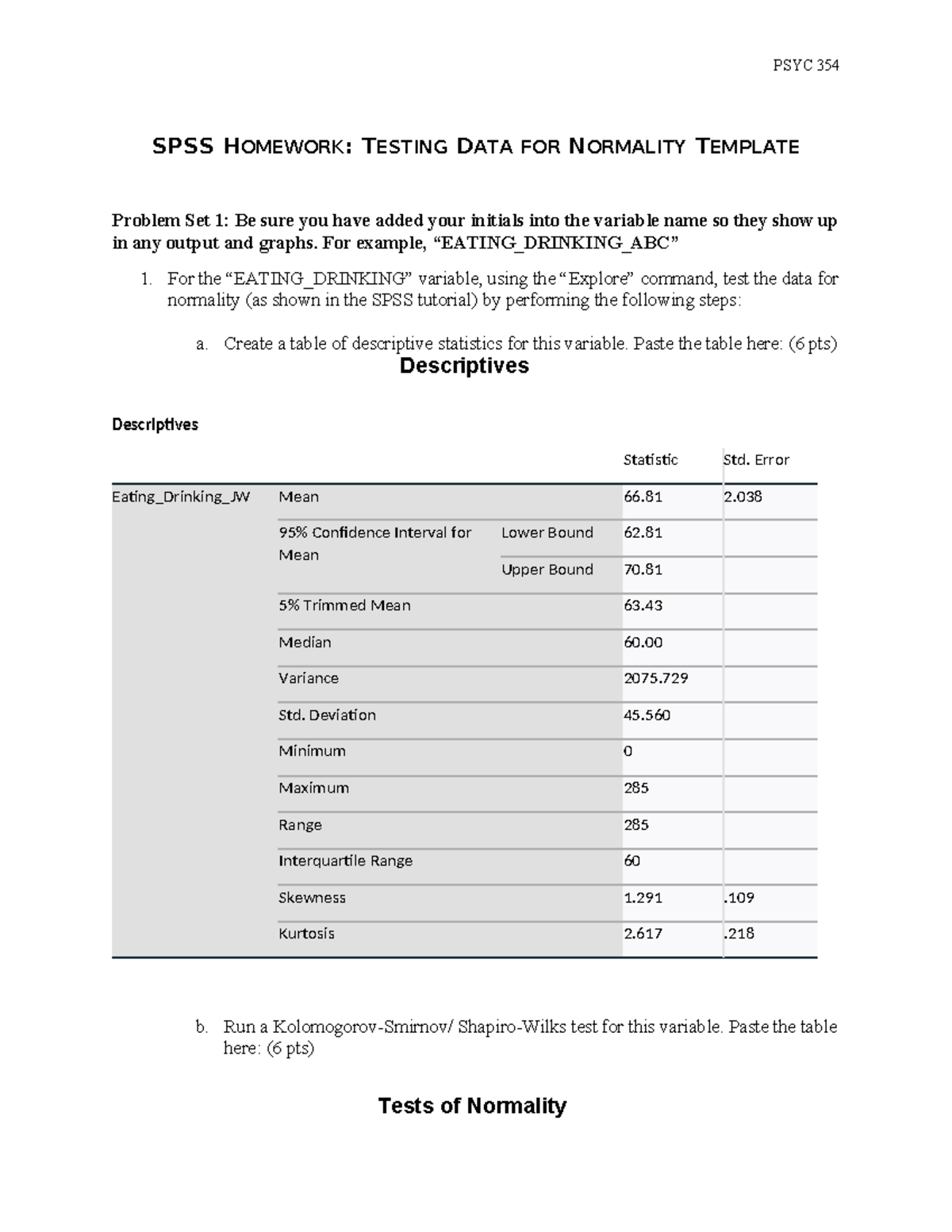 SPSS Homework Testing Data for Normality Template - SPSS HOMEWORK ...