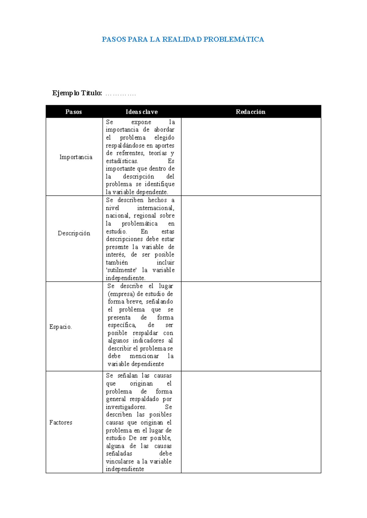 Práctica formato blanco - PASOS PARA LA REALIDAD PROBLEMÁTICA Ejemplo Título ...