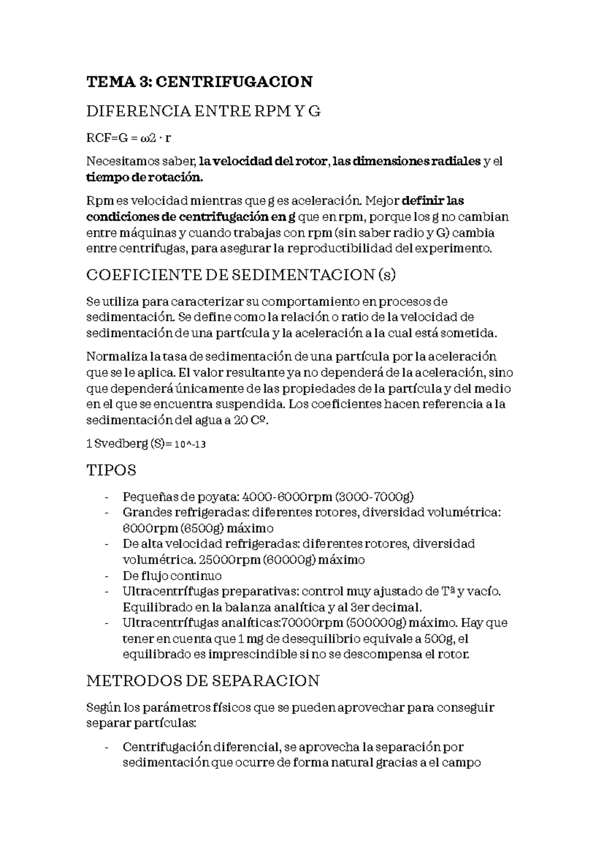 TEMA 3 - Conceptos clave del tema - TEMA 3: CENTRIFUGACION DIFERENCIA ENTRE RPM Y G RCF=G = ω 2 ...