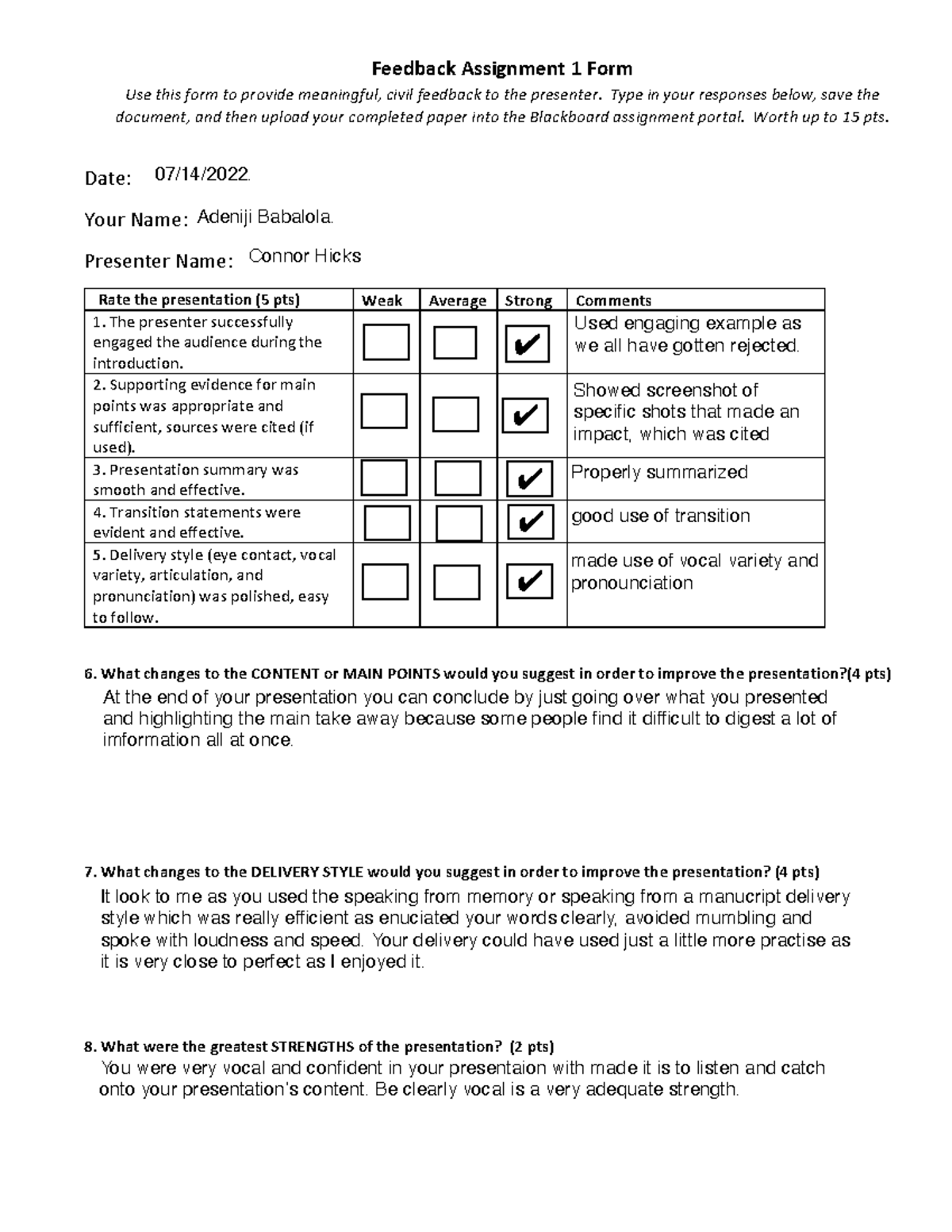 Feedback Assignment 1 Form Fillable - Feedback A ssignment 1 Form Use t ...