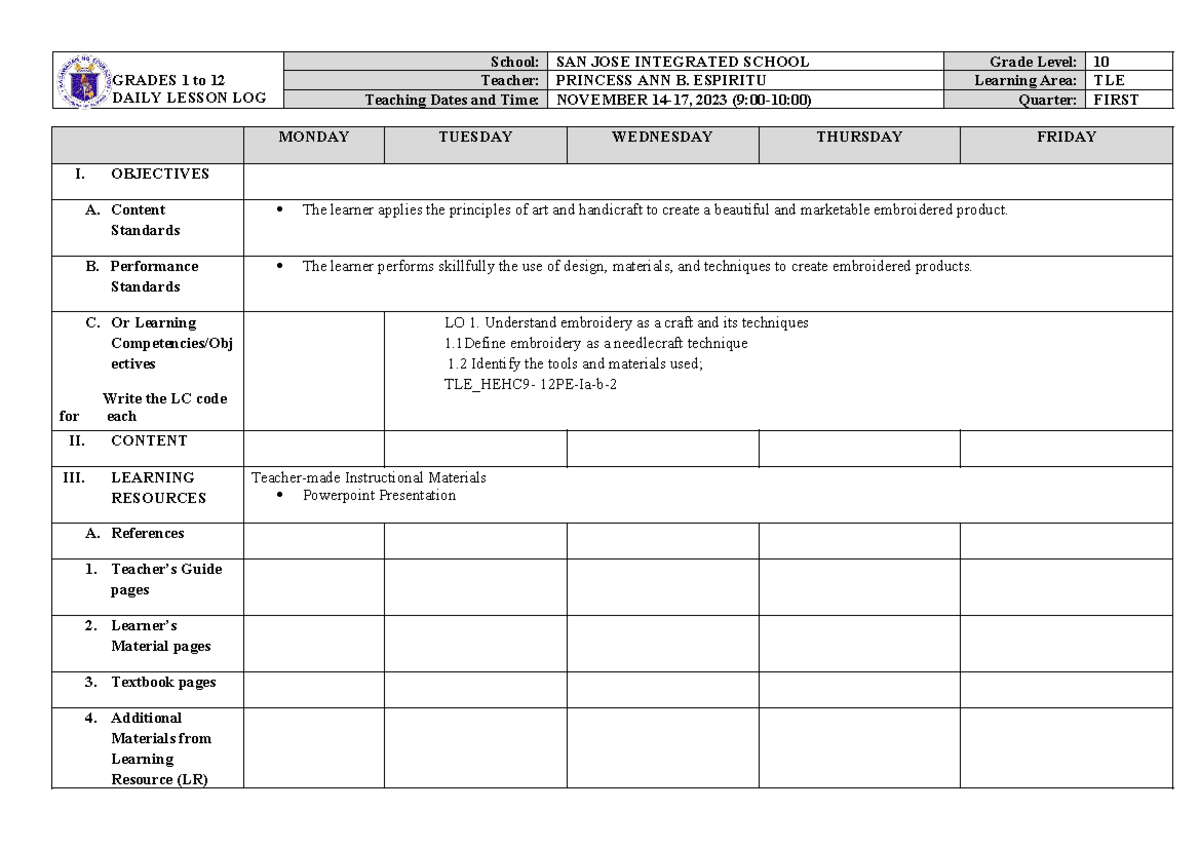 Second Quarter 1 - 2 - GRADES 1 to 12 DAILY LESSON LOG School: SAN JOSE ...