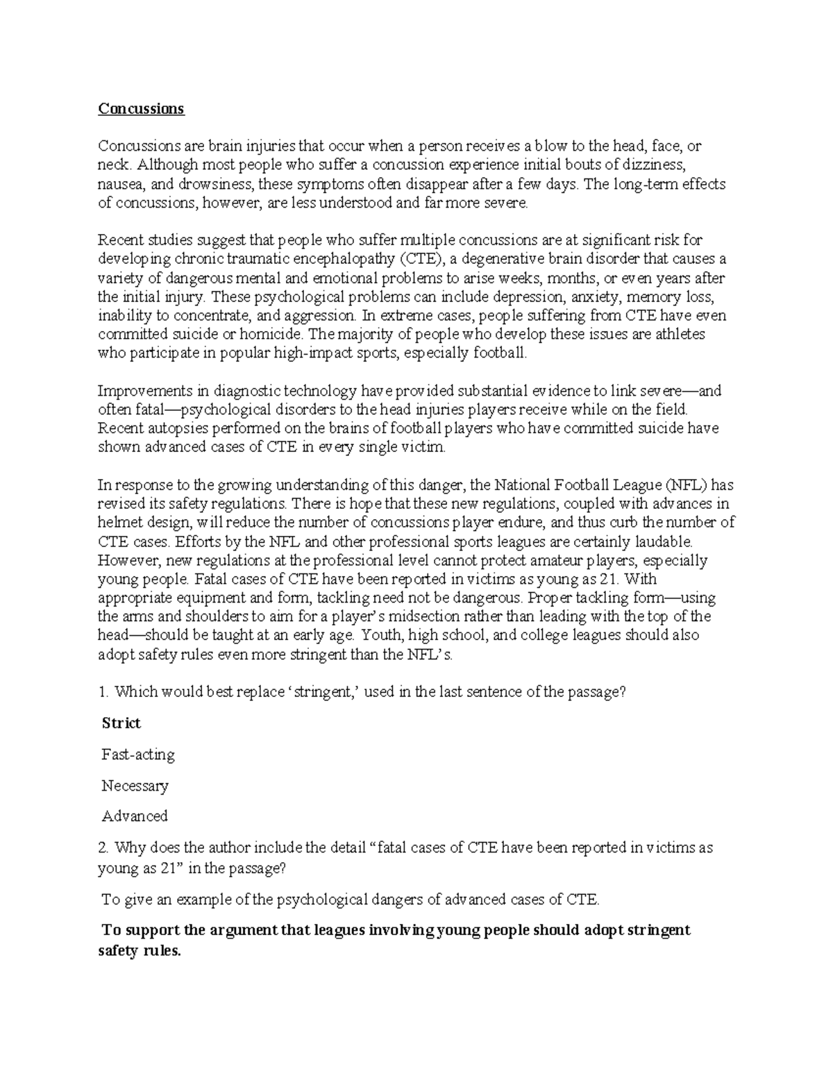 Reading Practice 1 - Concussions Concussions are brain injuries that ...