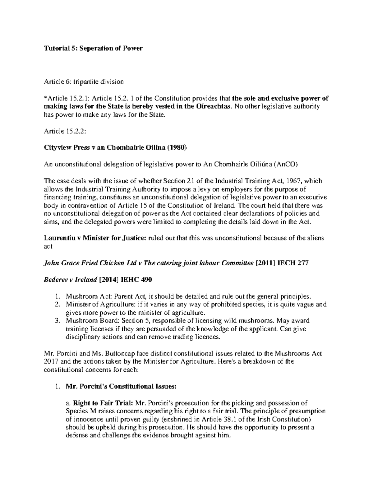 constitutional - Tutorial 5: Seperation of Power Article 6: tripartite ...