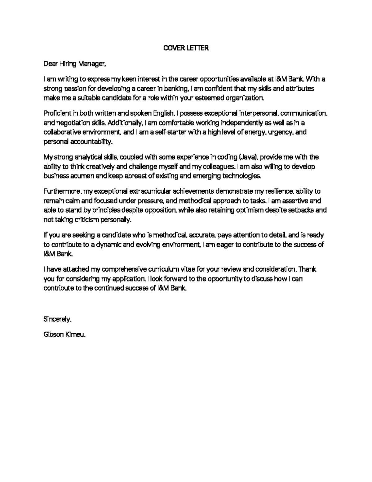 Cover Letter - Essay tutorial - COVER LETTER Dear Hiring Manager, I am ...