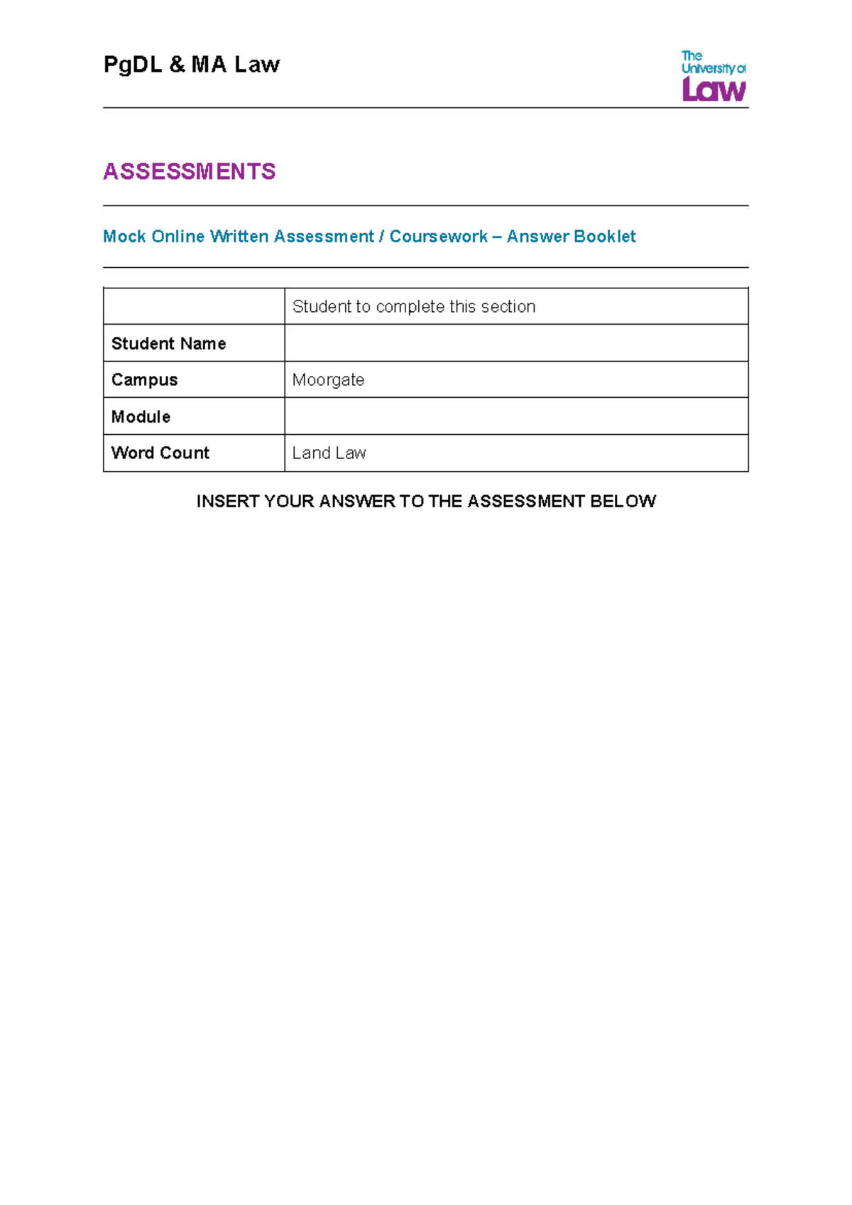 Distinction Land Mock - ASSESSMENTS Mock Online Written Assessment / Coursework – Answer Booklet ...