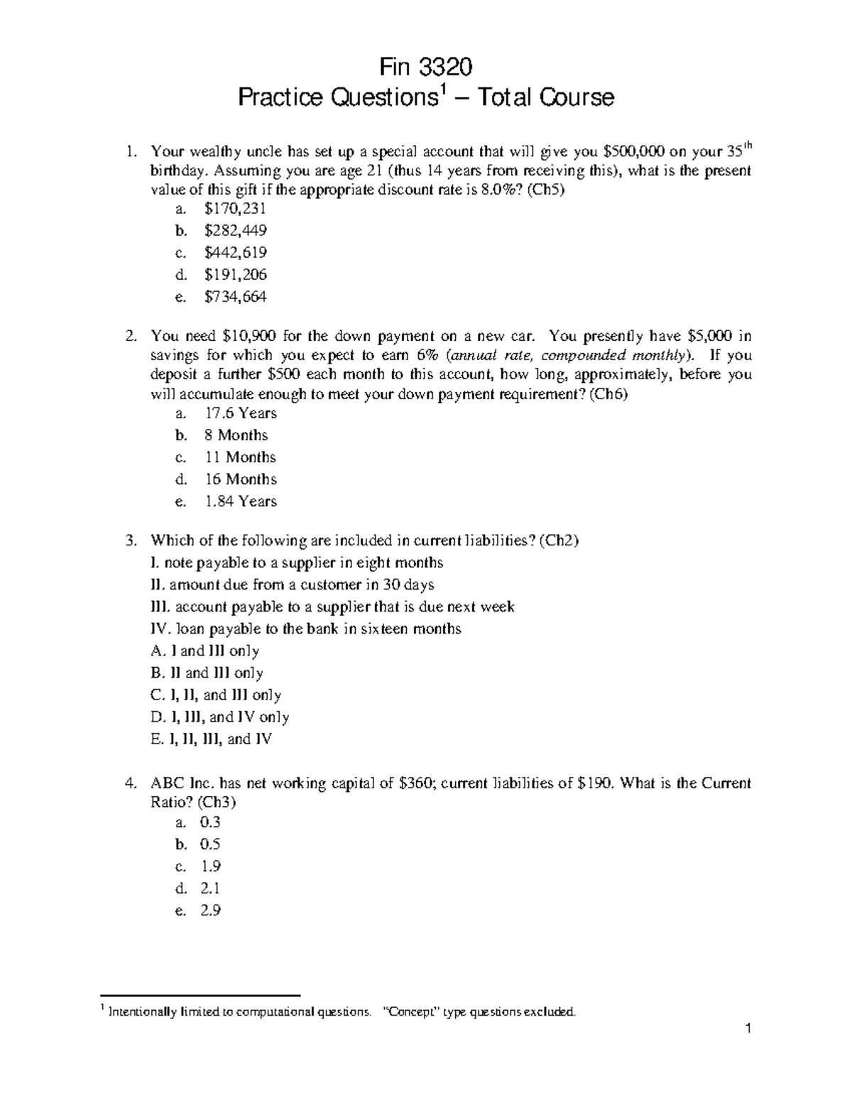 Practice Final Exam Questions - Fin 3320 Practice Questions 1 – Total ...