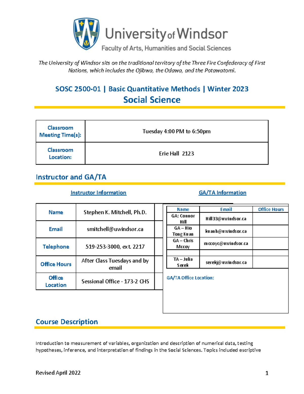 SOSC 2500 Syllabus - Revised April 2022 1 The University of Windsor sits on the traditional ...