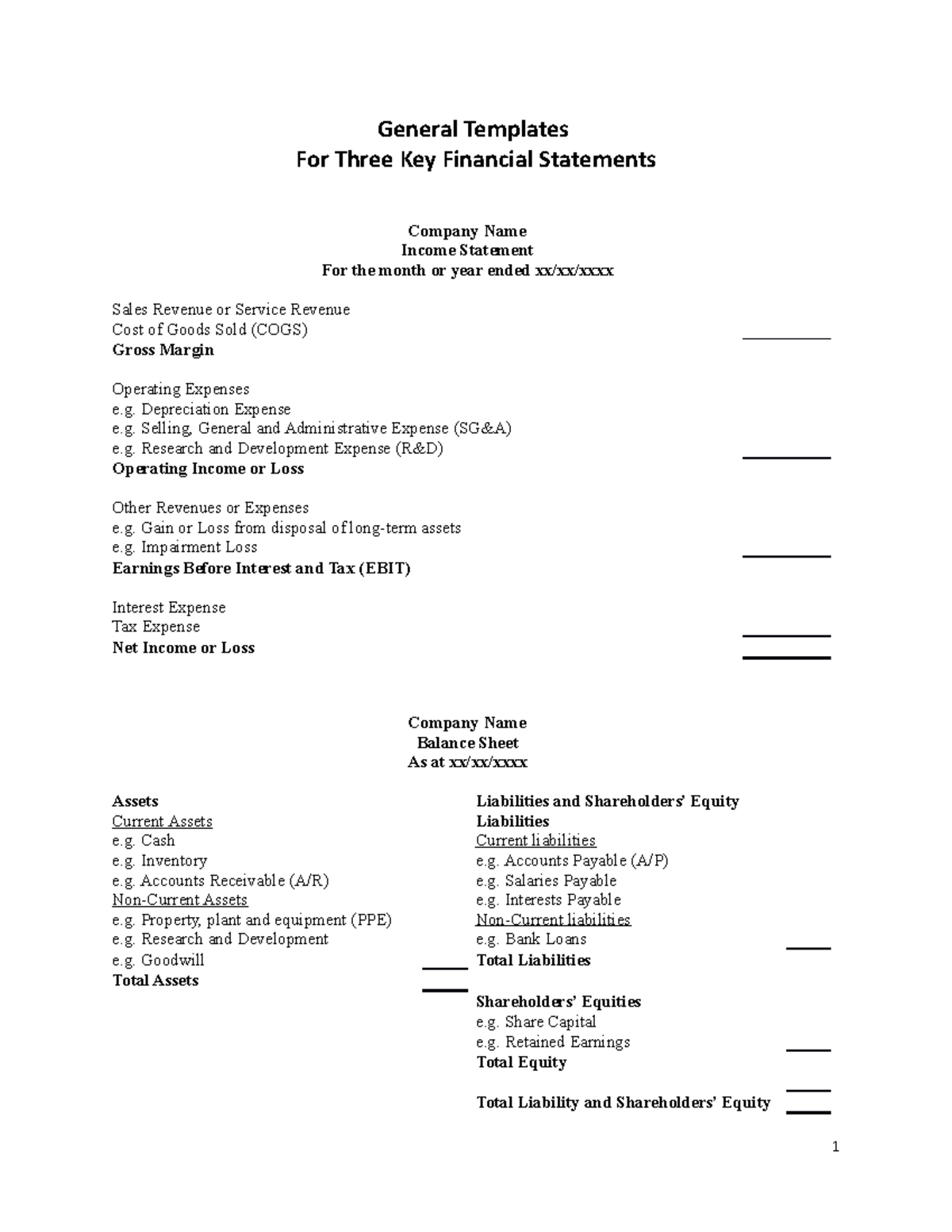 Accounting Templates - Three Financial Statements - General Templates ...