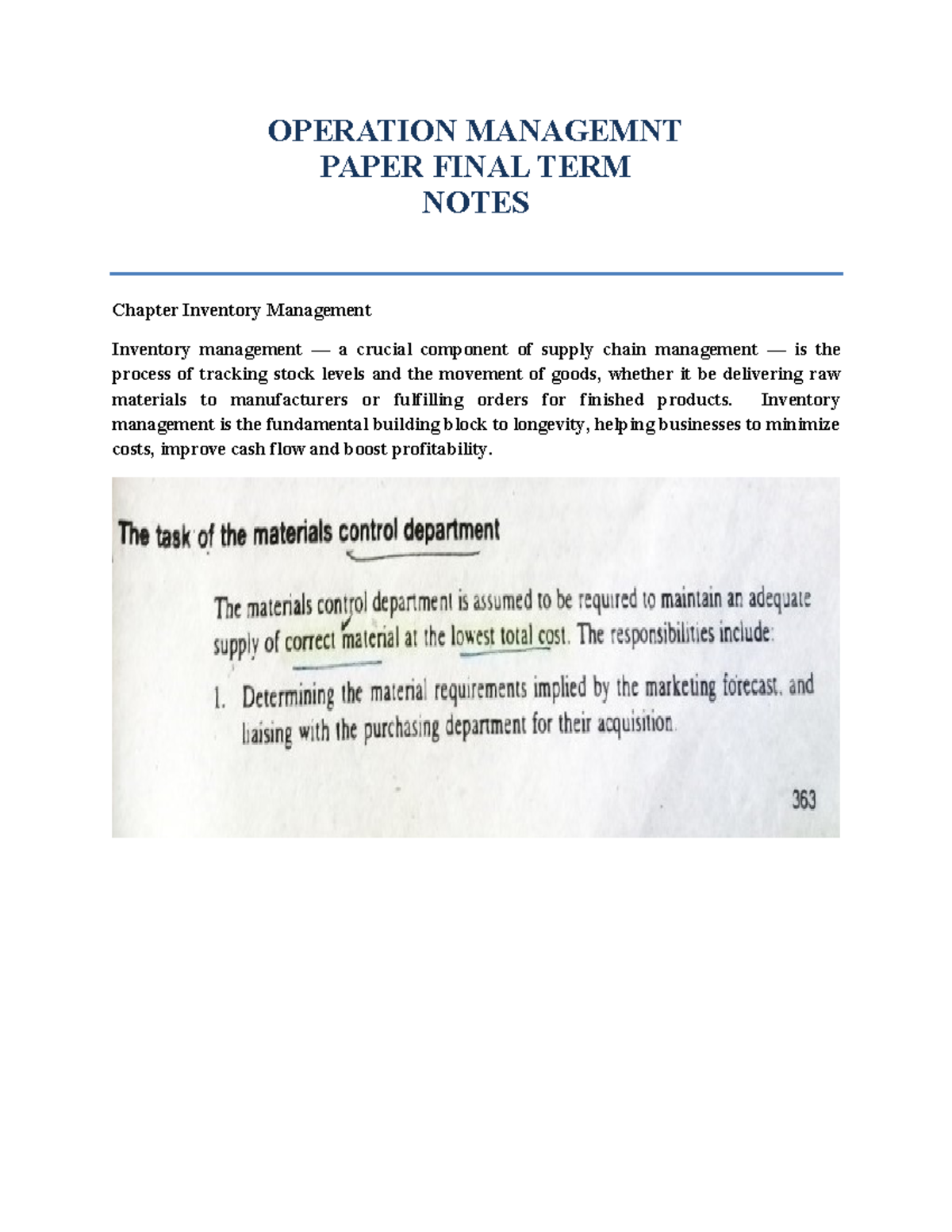 Operation Managemnt - OPERATION MANAGEMNT PAPER FINAL TERM NOTES ...