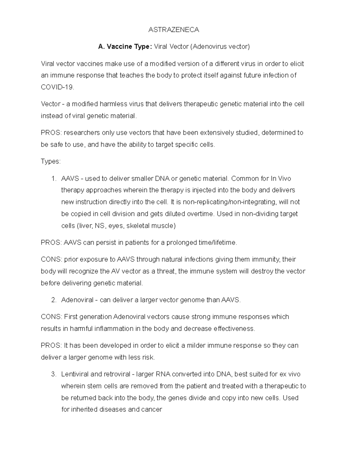 Astra Zeneca vaccine - ASTRAZENECA A. Vaccine Type: Viral Vector ...
