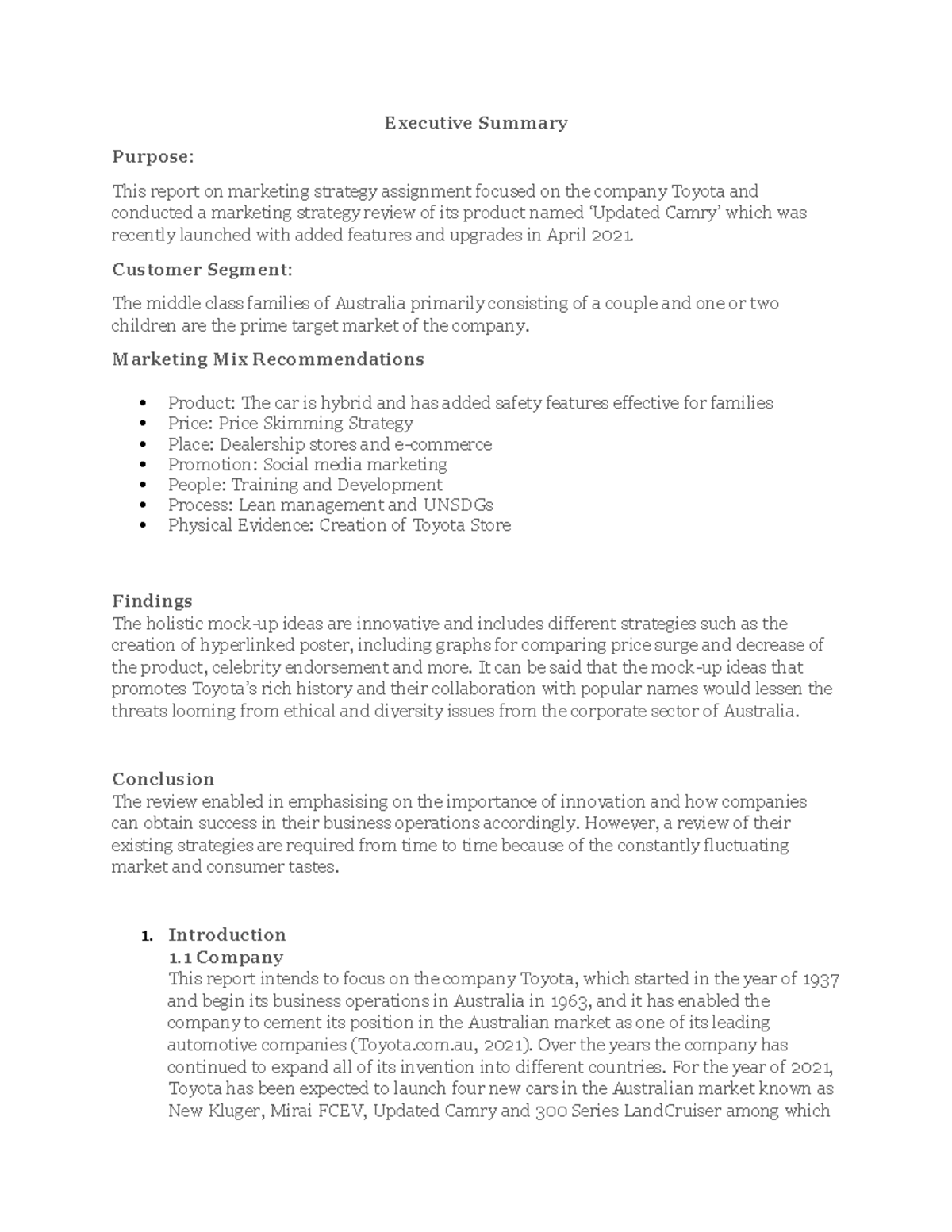 Marketing Statergy of Toyota Camry - Executive Summary Purpose: This ...