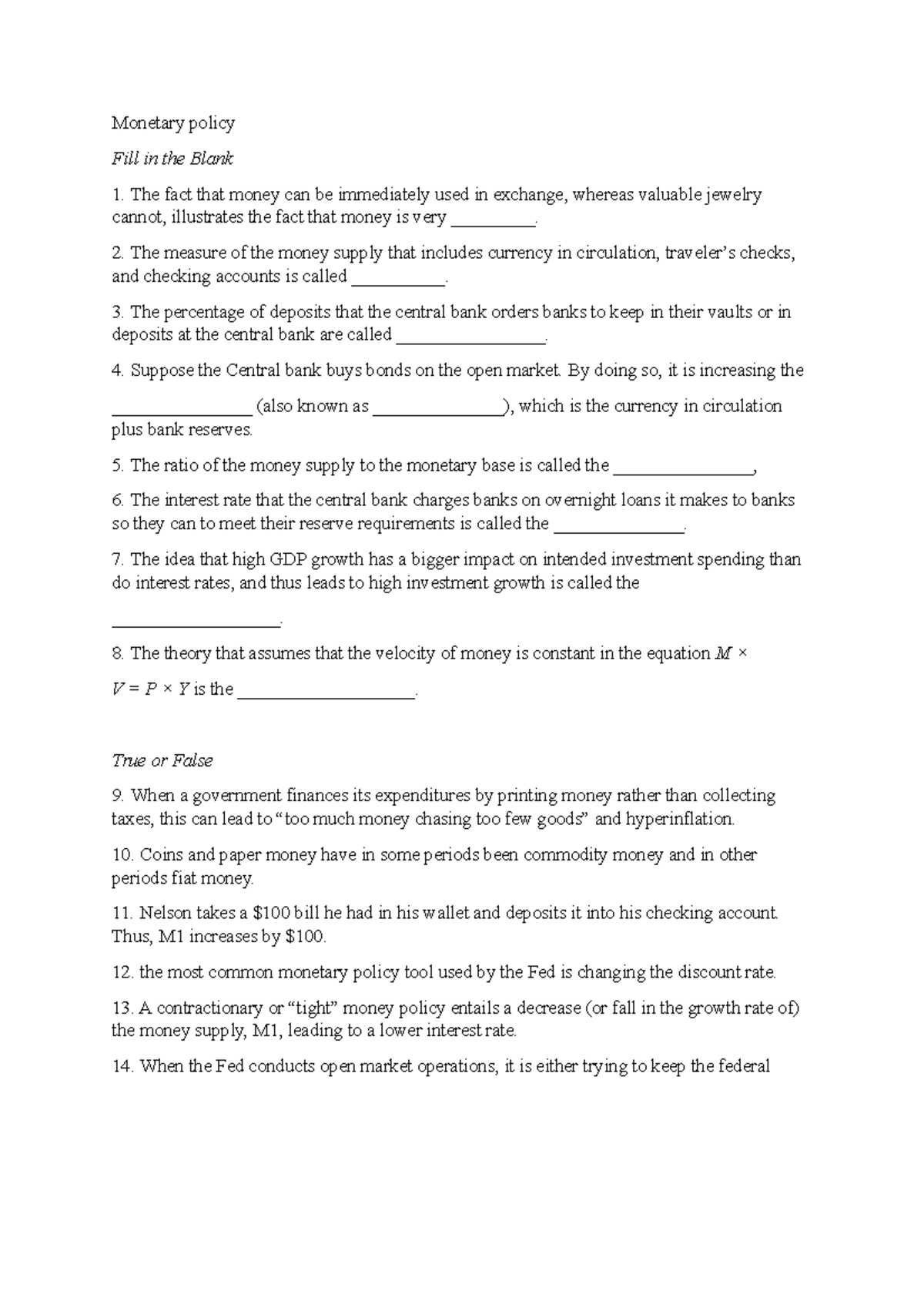 Exam 9 June 2019, questions and answers - Monetary policy Fill in the ...