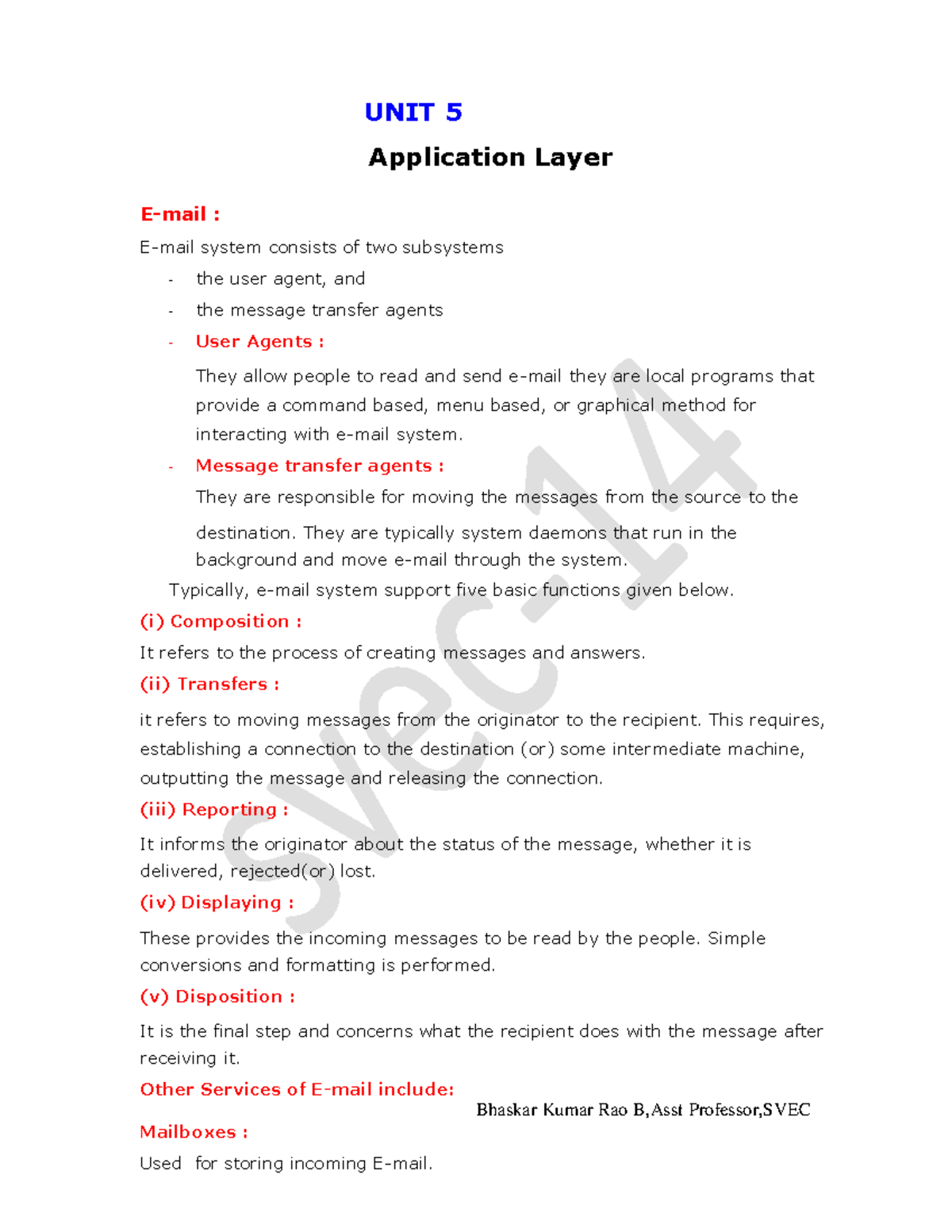 Application Layer - UNIT 5 Application Layer E-mail : E-mail system ...