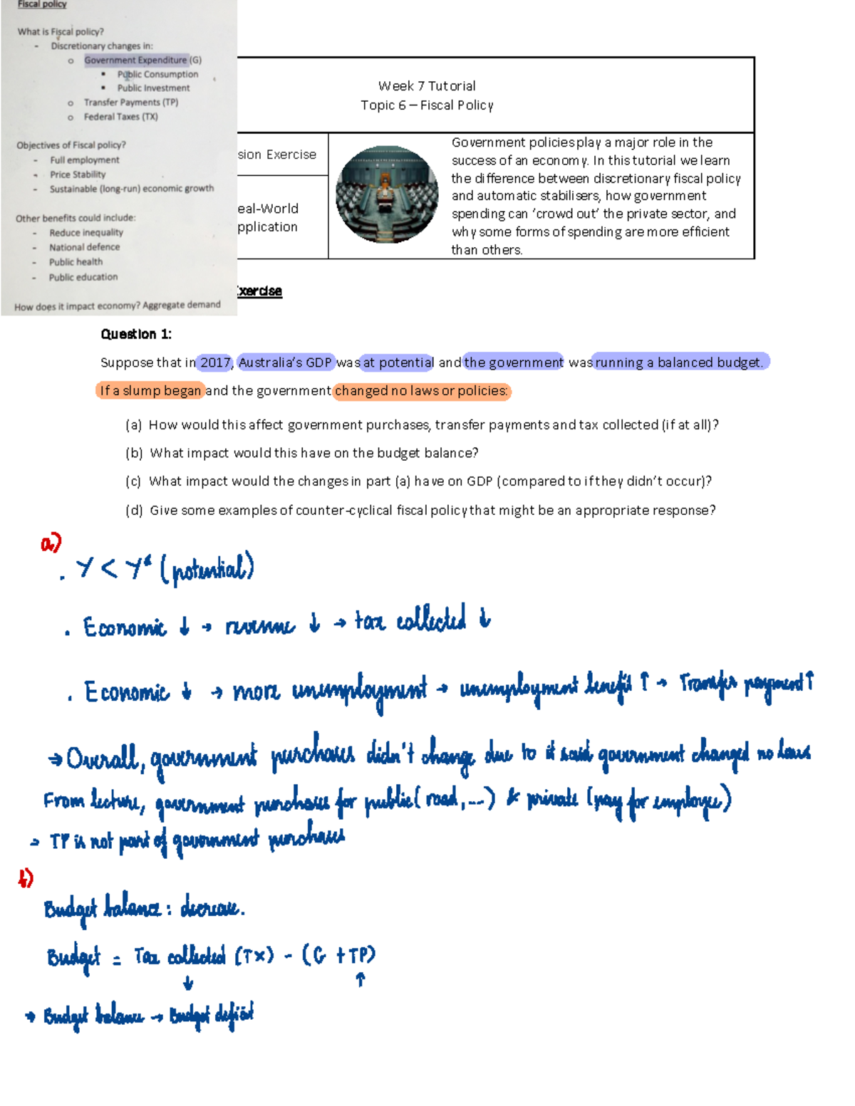 Tutorial notes - Topic 6 Fiscal Policy - Week 7 Tutorial Topic 6 ʹ ...