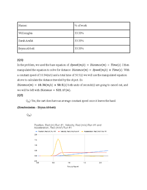PH 101, Lab 4, Group 1 - Dr. Buddhi Pushpawela - Names: % of Work: Will Anglea 33% Sarah Arafat ...
