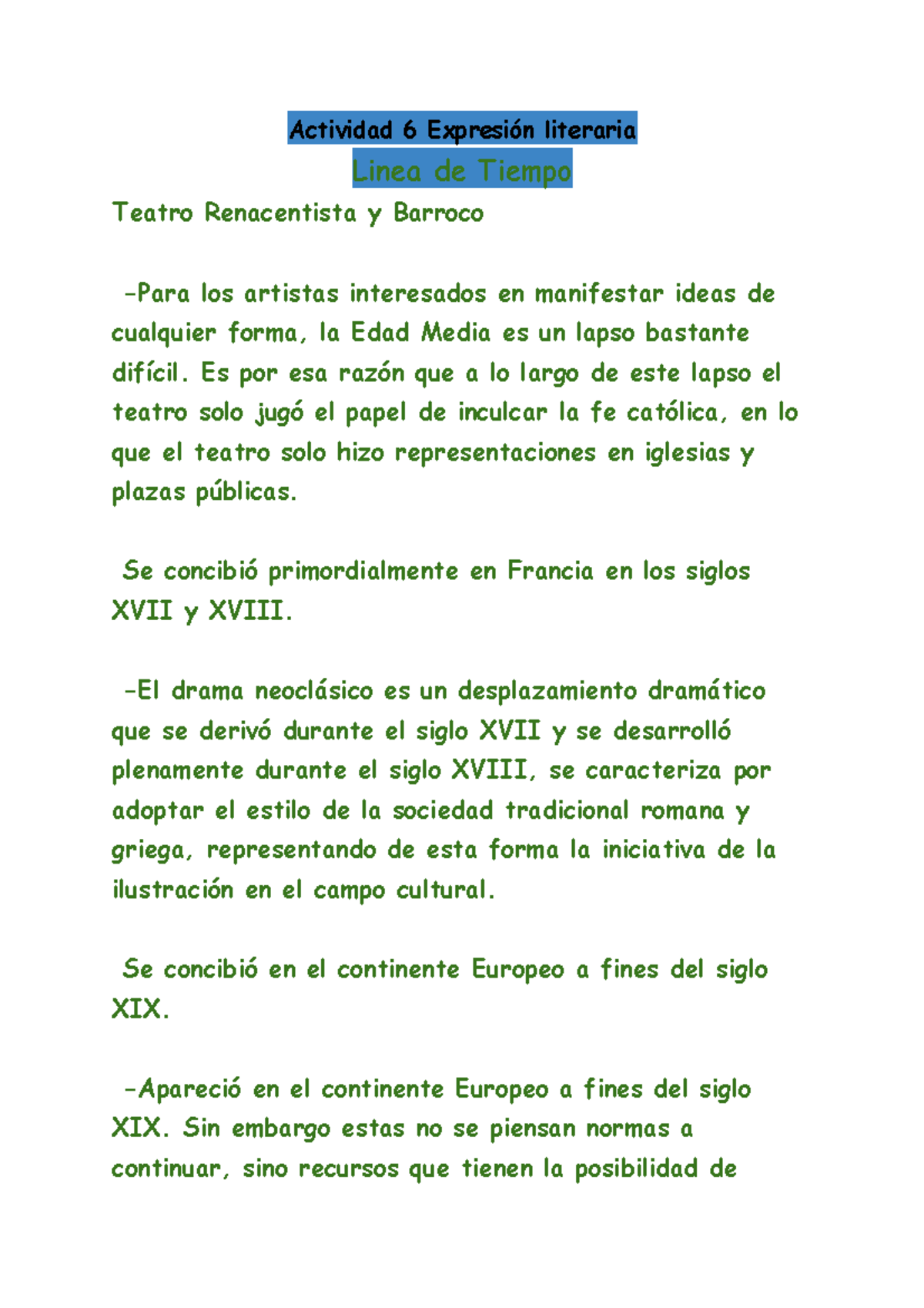 Actividad 6 Expresion Literaria Linea del Tiempo Teatro - expresion ...