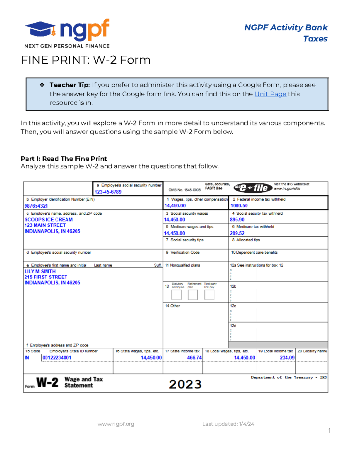 Copy of FINE Print W-2 Form - NGPF Activity Bank Taxes FINE PRINT: W-2 ...