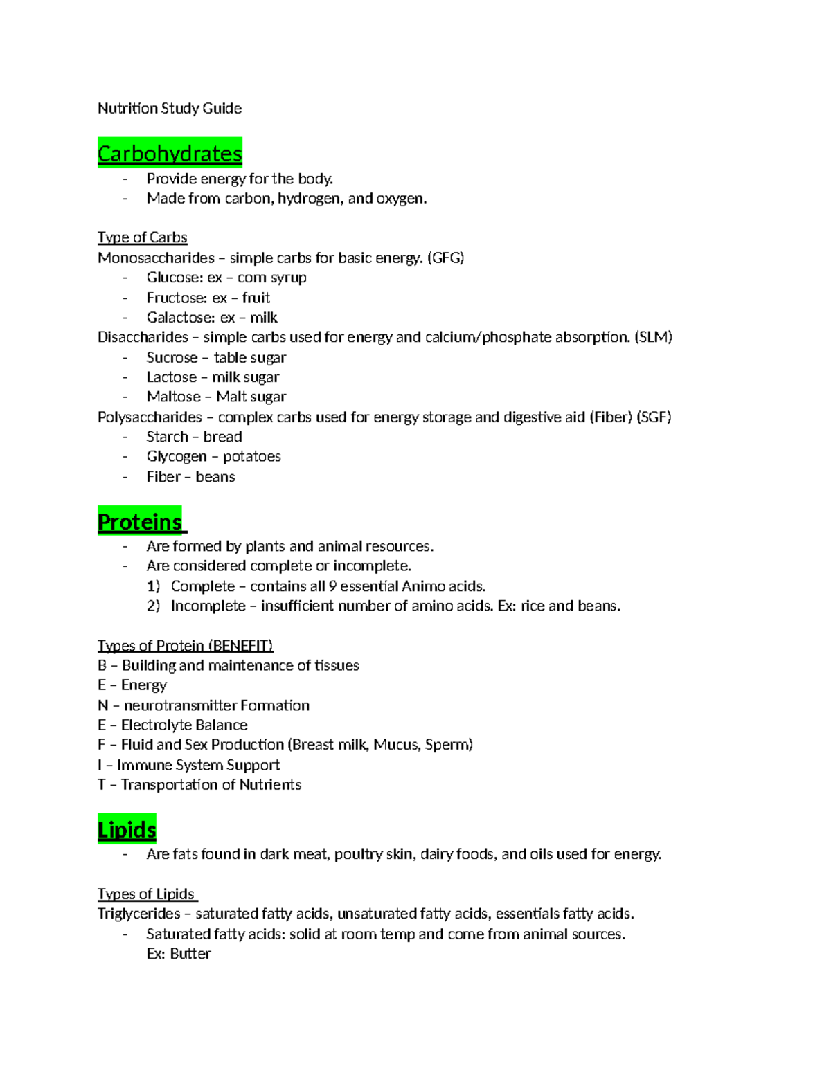Nutrition Study Guide - Nutrition Study Guide Carbohydrates - Provide ...