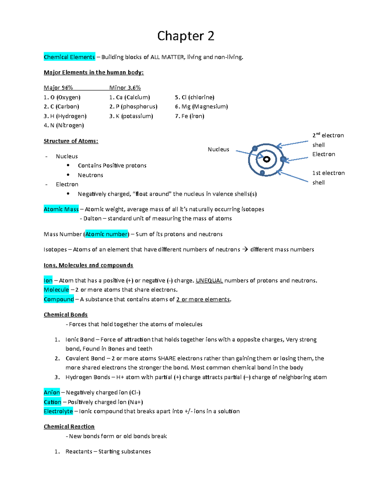 Bio235 Typed Notes Chapter 2 - Chapter 2 Chemical Elements – Building ...