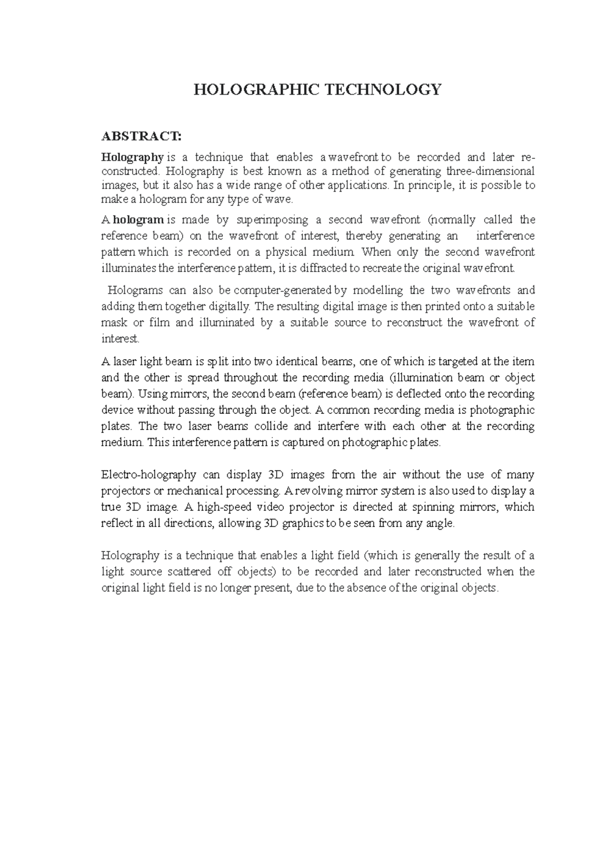 New Microsoft Word Document - HOLOGRAPHIC TECHNOLOGY ABSTRACT ...