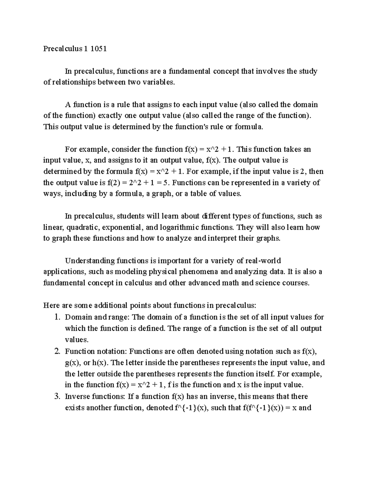 Functions In Precalc 1 Precalculus 1 1051 In Precalculus Functions