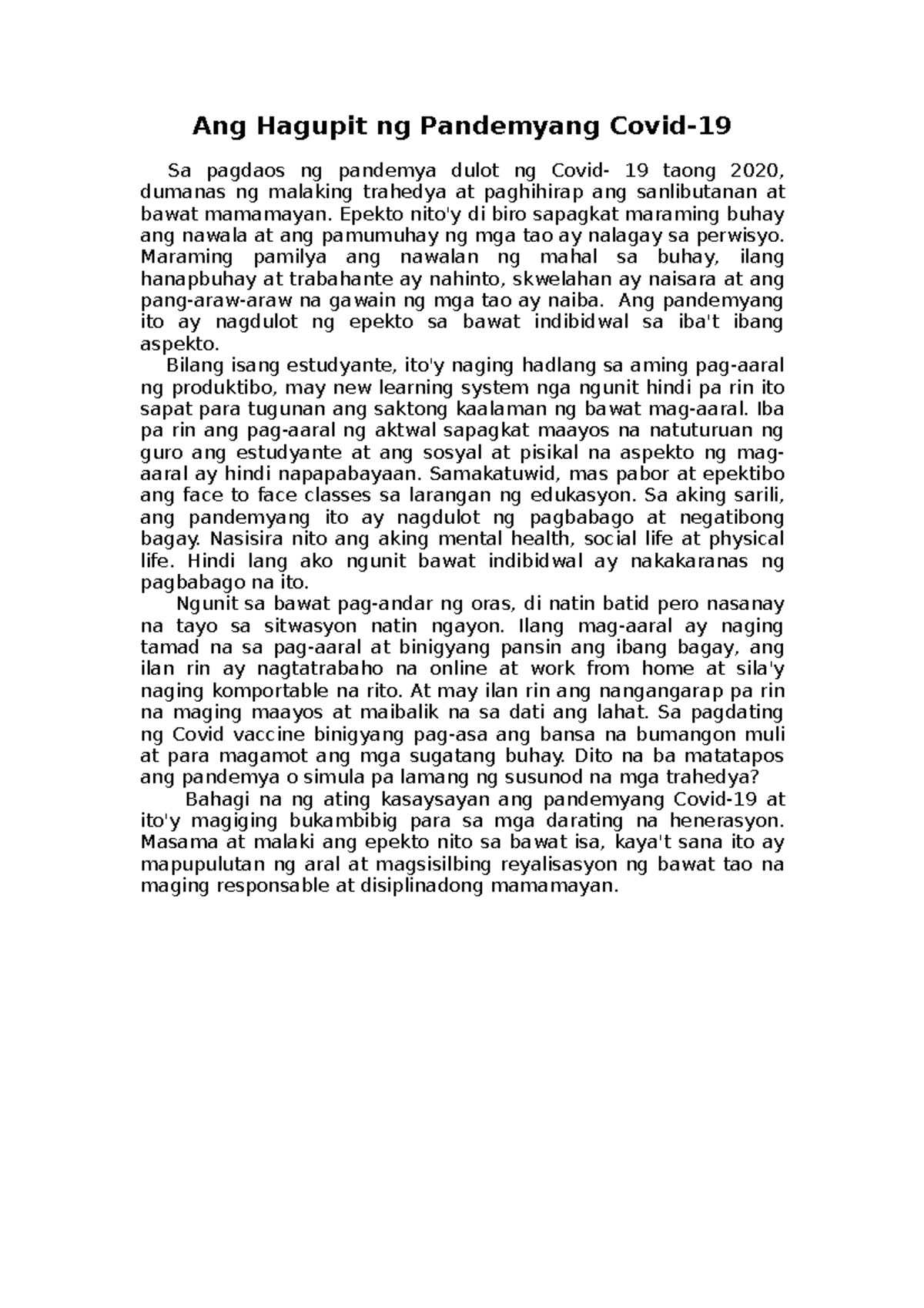 Ang Hagupit ng Pandemyang Covid 19 - Ang Hagupit ng Pandemyang Covid- Sa pagdaos ng pandemya ...