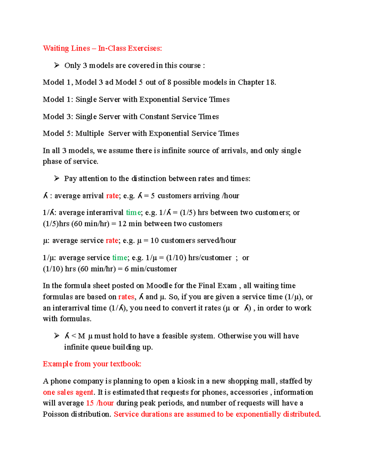 Waiting Lines In Class Exercises - Waiting Lines – In-Class Exercises ...