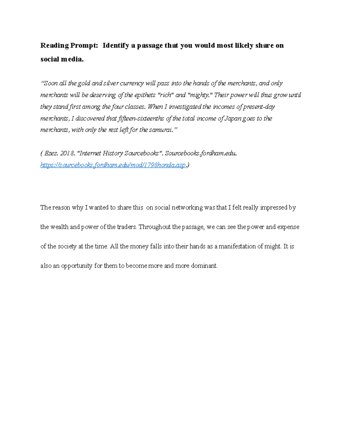 History Prompt - Reading Prompt: Identify a passage that you would most ...