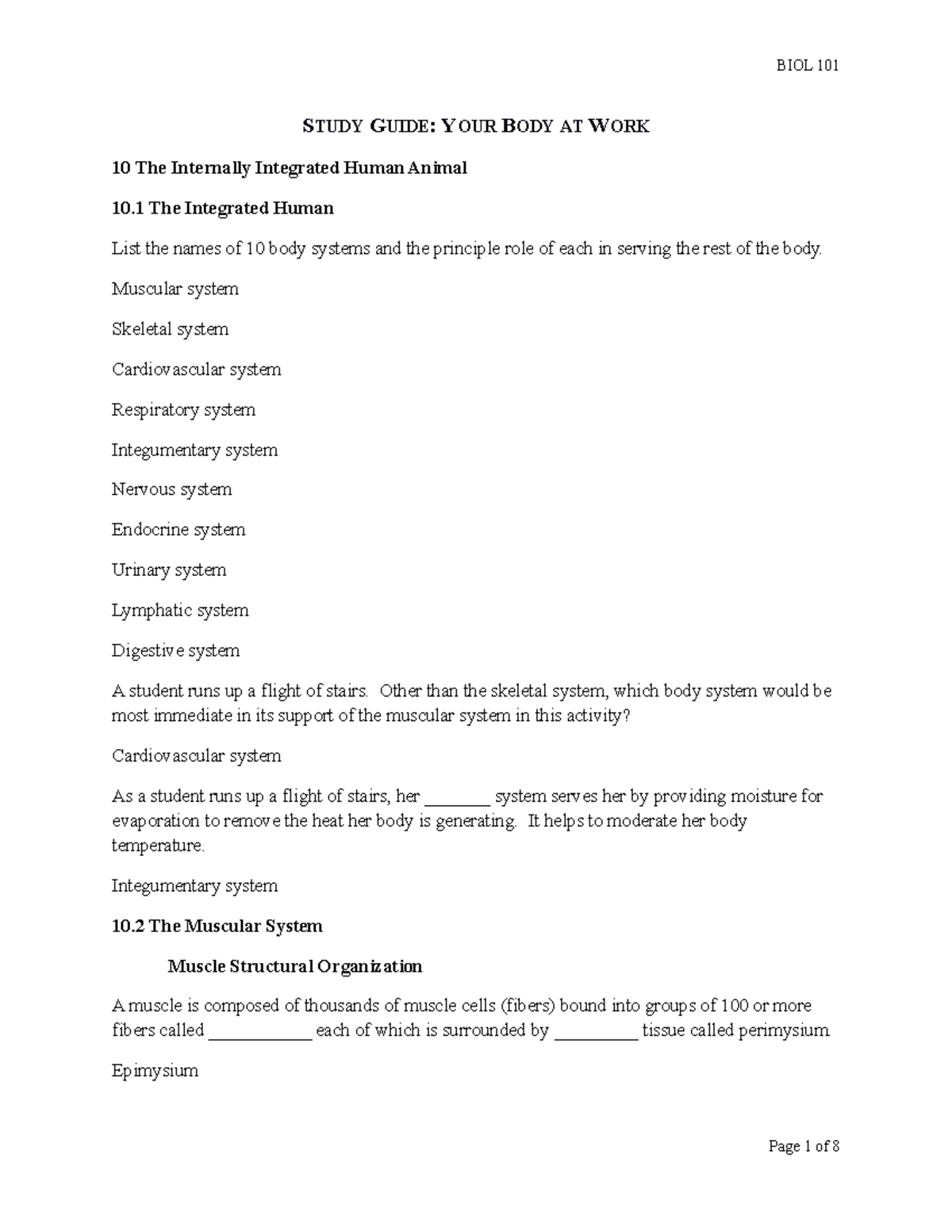 Study Guide Your Body at Work - STUDY GUIDE: YOUR BODY AT WORK 10 The ...