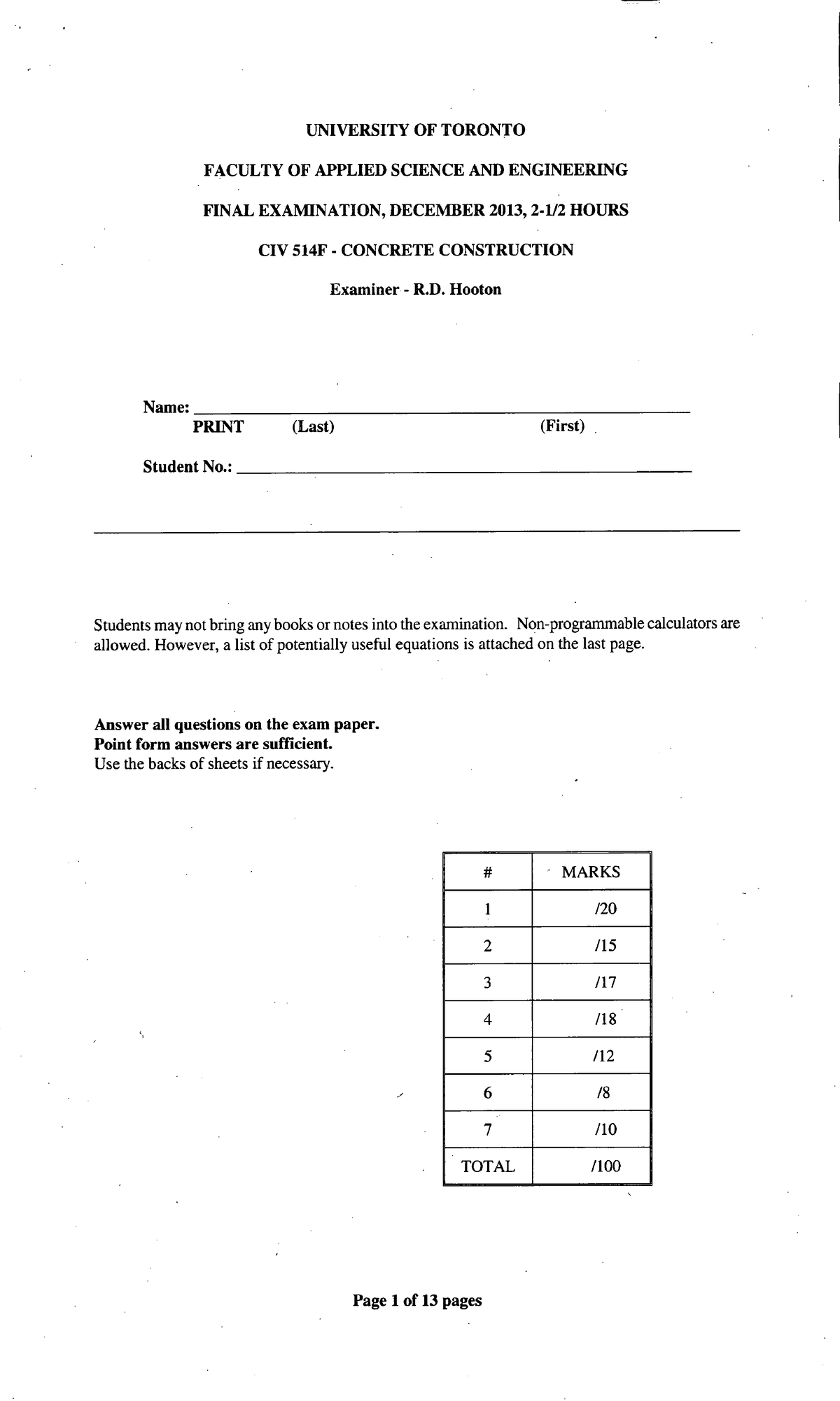 Exam December 2013, questions - UNIVERSITY OF TORONTO FACULTY OF ...