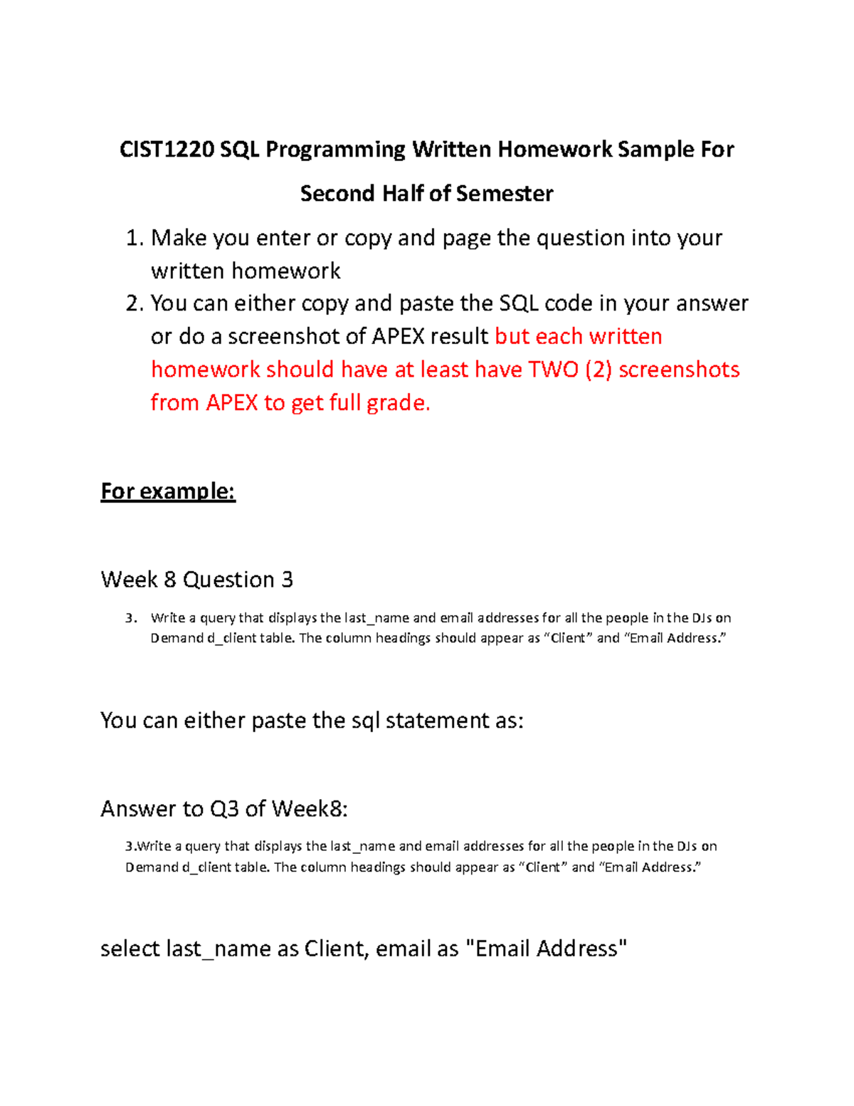 CIST1220 SQL Programming APEX written homework sample - CIST1220 SQL Programming Written ...