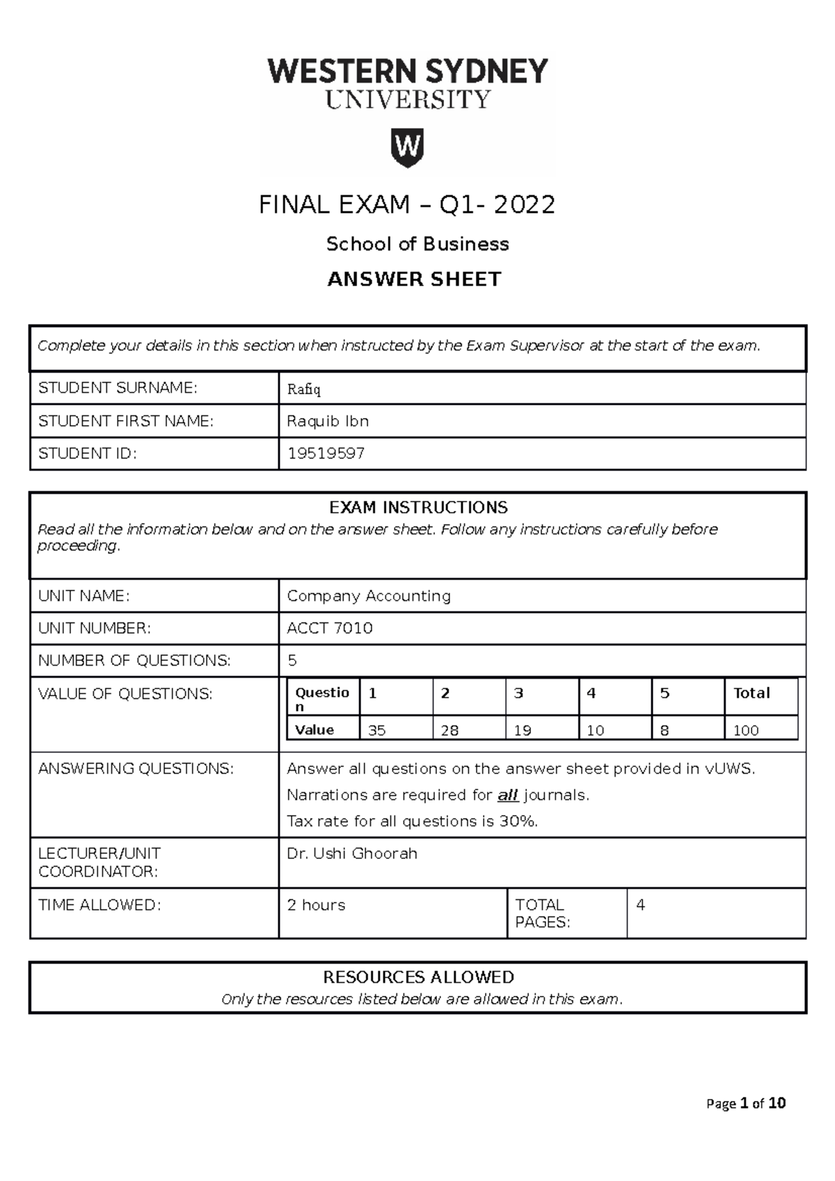 ACCT 7010 CA - Q1 2022 Final exam Answer Sheet - FINAL EXAM – Q1- 2022 ...