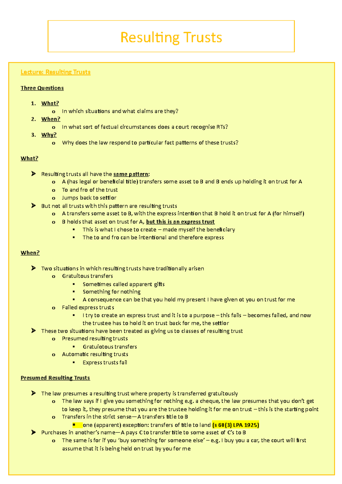 4) Resulting trusts - notes - Resulting Trusts Lecture: Resulting ...