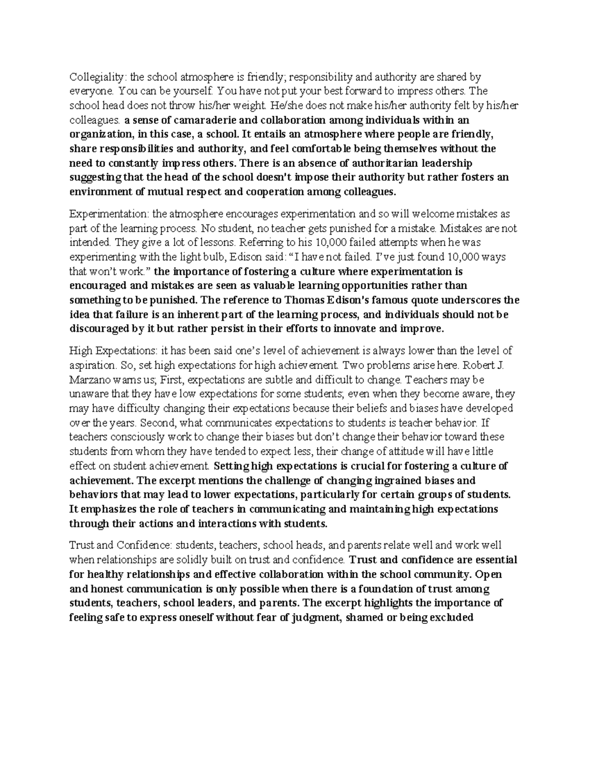 Elements of a Positive Culture - Collegiality: the school atmosphere is ...