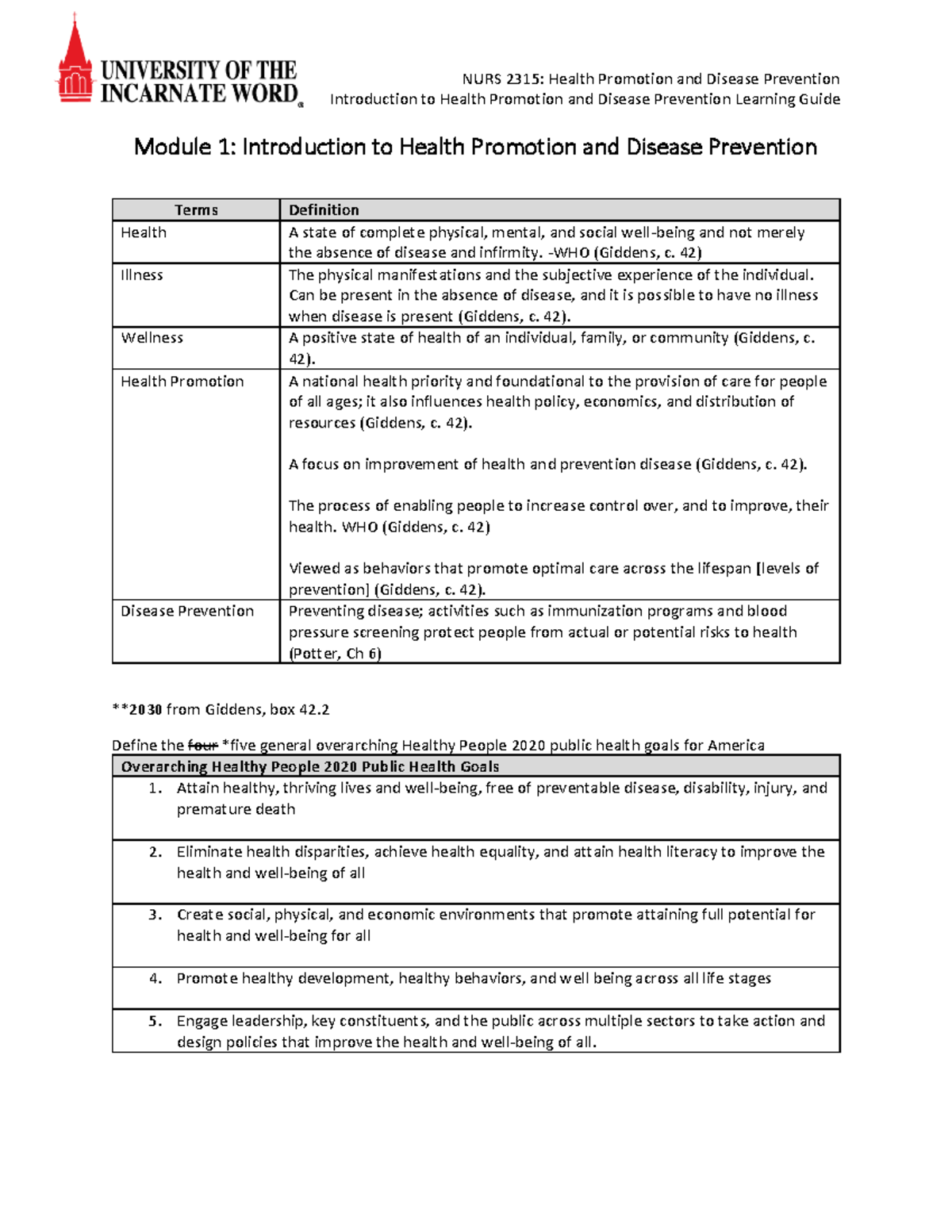 Module 1 Learning Guide - Introduction to Health Promotion and Disease ...